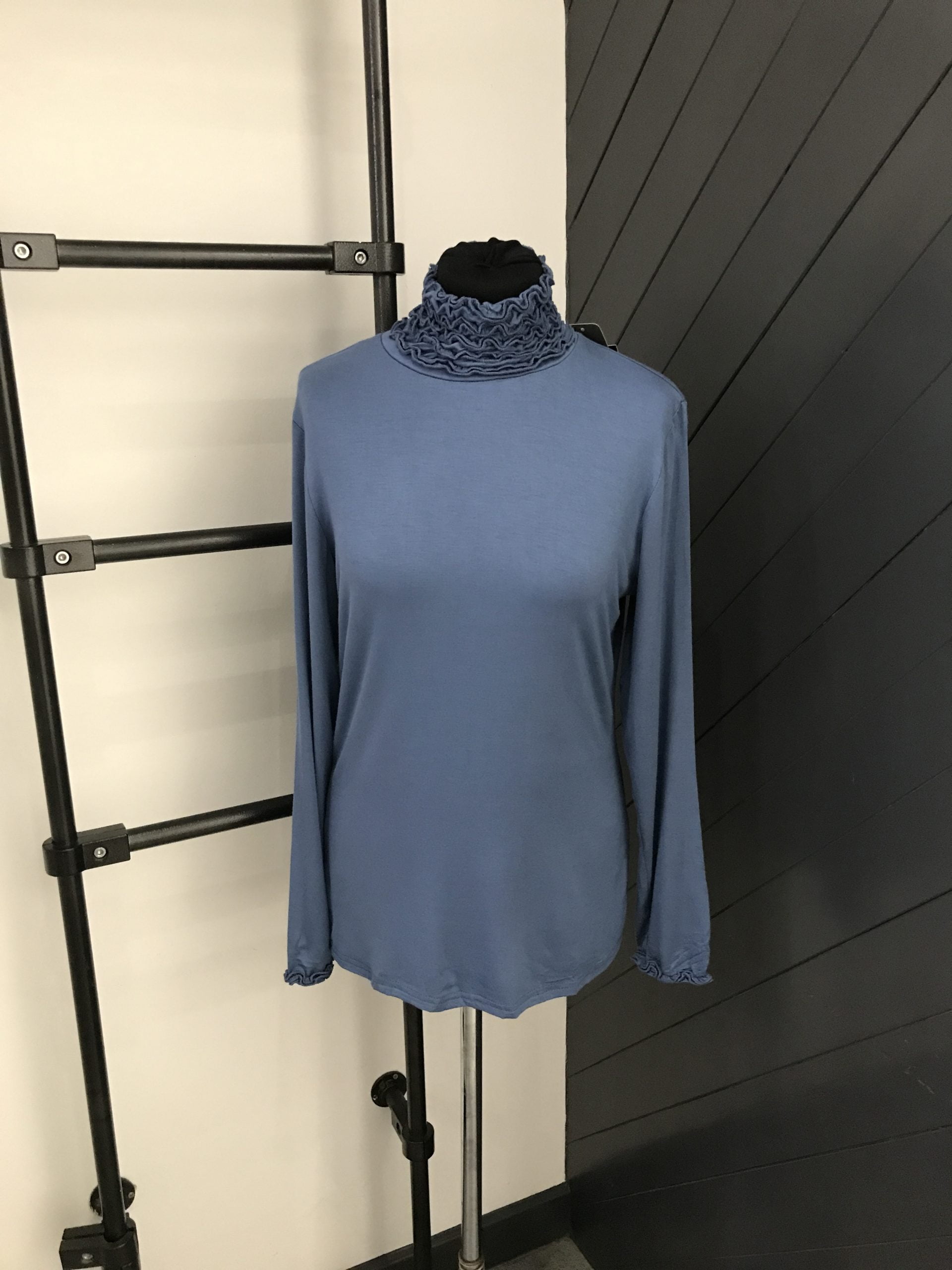 Denim Blue Polo Neck Frill Top - Limited Boutique